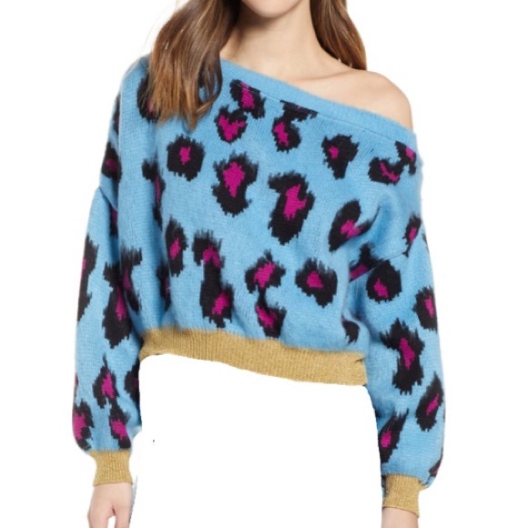 Topshop | Sweaters | Topshop Off The Shoulder Blue Leopard Sweater ...